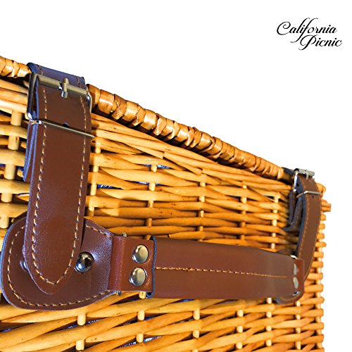 Picnic Basket Set - 2 Person Picnic Hamper Set - Waterproof Picnic Blanket Ceramic Plates Metal Flatware Wine Glasses S/P Shakers Bottle Opener Blue Checked Pattern Lining Picnic Set | Picnic Tote