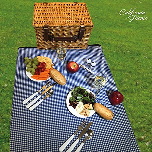 Picnic Basket Set - 2 Person Picnic Hamper Set - Waterproof Picnic Blanket Ceramic Plates Metal Flatware Wine Glasses S/P Shakers Bottle Opener Blue Checked Pattern Lining Picnic Set | Picnic Tote