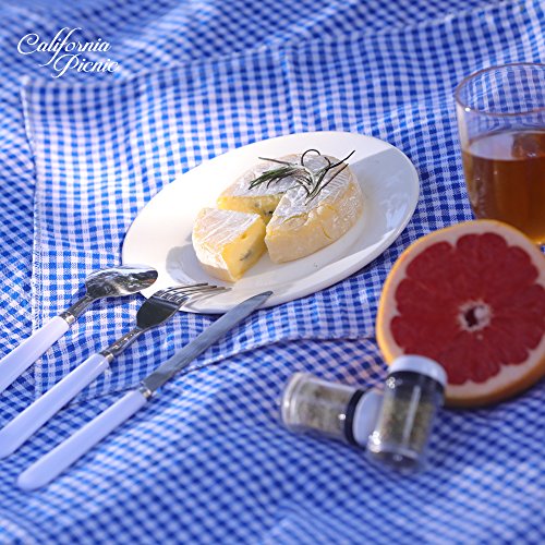 Picnic Basket Set - 2 Person Picnic Hamper Set - Waterproof Picnic Blanket Ceramic Plates Metal Flatware Wine Glasses S/P Shakers Bottle Opener Blue Checked Pattern Lining Picnic Set | Picnic Tote