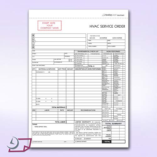 HVAC Service Order Invoice & Repair Detail Form, 3 Part Carbonless (100 Sets) Letter Size Forms