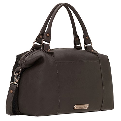 American West Satchel-Leather Zip Top Convertible Bag- KeyTag Purse Charm (Cow Town Chocolate w Hair)