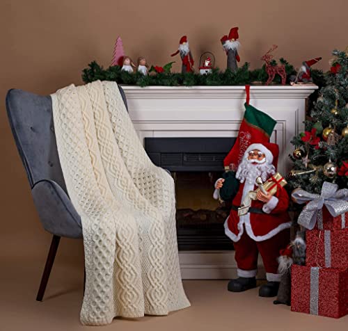 SAOL Honeycomb and Cable Knit Patterns 100% Irish Merino Wool Aran Throw/Blanket 60 x 40 inches (Natural)