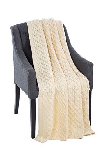 SAOL Honeycomb and Cable Knit Patterns 100% Irish Merino Wool Aran Throw/Blanket 60 x 40 inches (Natural)