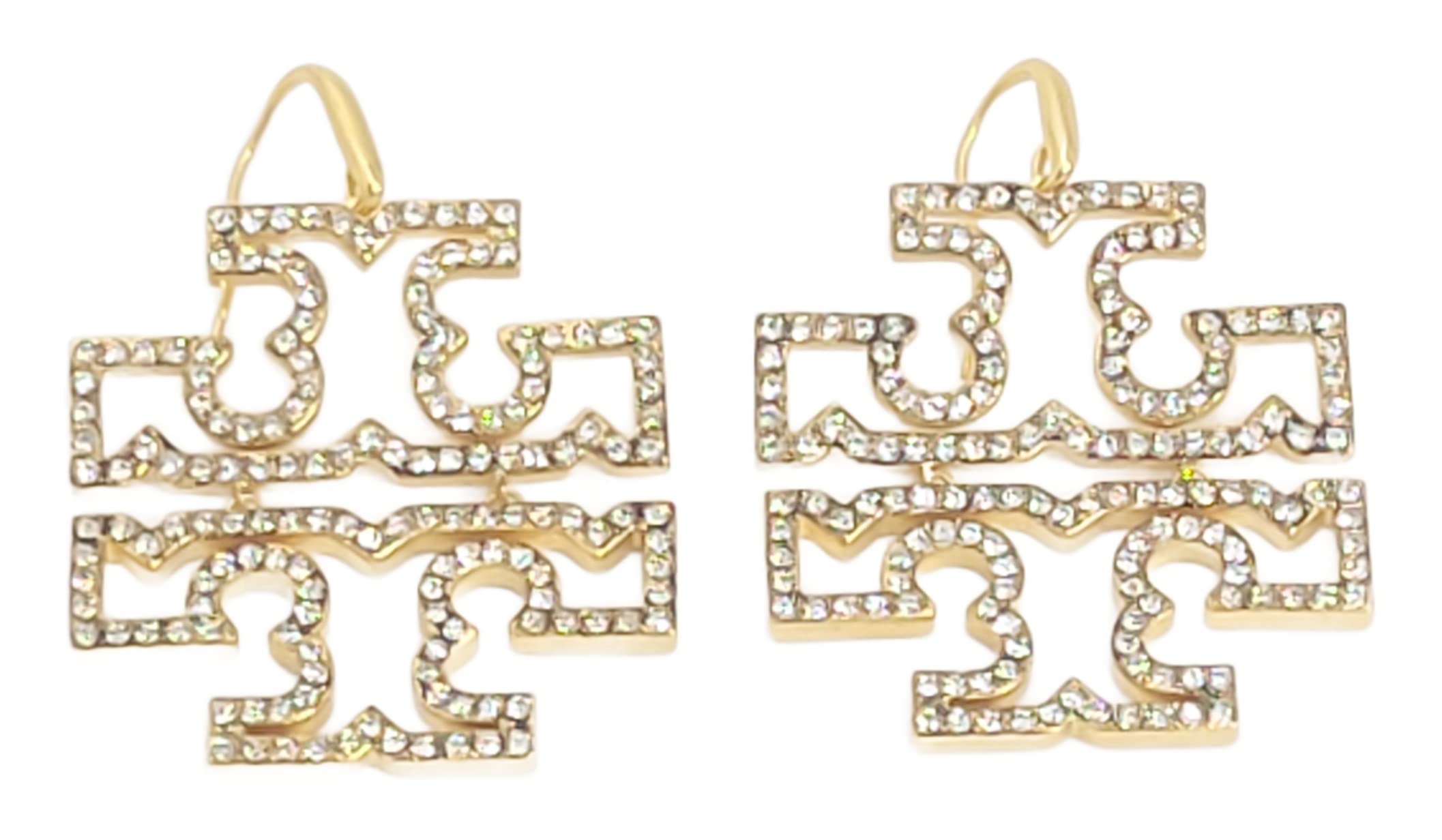 Tory Burch 141856 Britten Tory Rolled Brass With Crystal Accent Pave Women's Drop Dangle Earrings