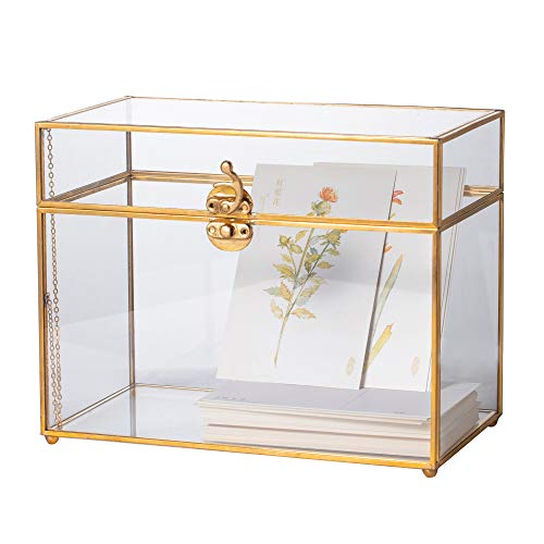 NCYP Gold Glass Card Box with Lid for Wedding Reception (9.9x5.6x7.7 Inches) Handmade Rectangle Decorative Storage Box for Party Wishwell Keepsake, Vintage Terrarium (Glass Box Only) (No Slot)