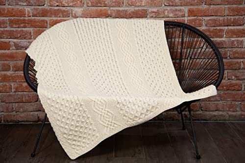 SAOL Honeycomb and Cable Knit Patterns 100% Irish Merino Wool Aran Throw/Blanket 60 x 40 inches (Natural)