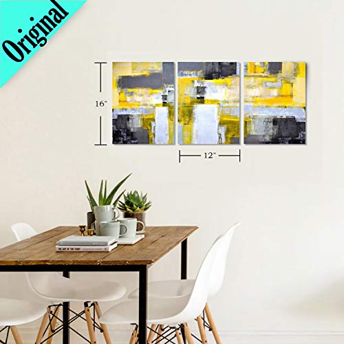 Decor MI Abstract Wall Art Yellow Grey Framed Wall Art Canvas Abstract Painting for Living Room Bedroom Office Home Modern Canvas Artwork Abstract Art Wall Decor Ready to Hang 12''x16'', 3 Pieces