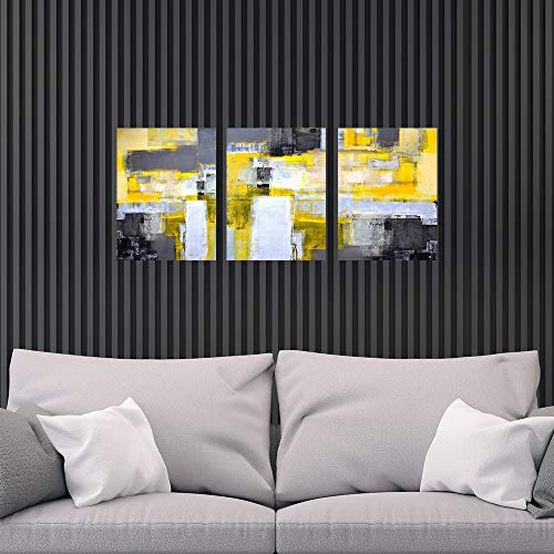 Decor MI Abstract Wall Art Yellow Grey Framed Wall Art Canvas Abstract Painting for Living Room Bedroom Office Home Modern Canvas Artwork Abstract Art Wall Decor Ready to Hang 12''x16'', 3 Pieces