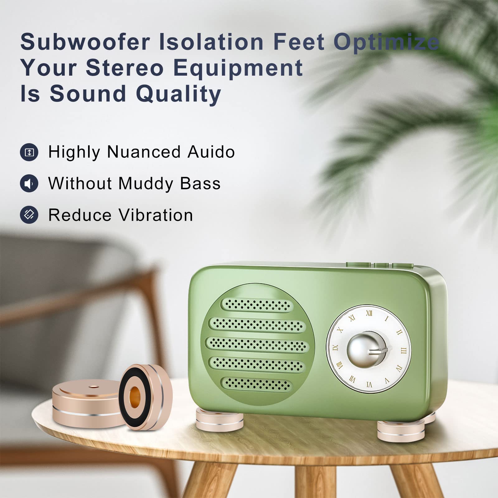Monosaudio Speaker Isolation Feet 4 Pcs 40x15mm Aluminum Feet Subwoofer Isolation Feet with Non-Slip Rubber Rings/Adhesive/M4 Screws for Audio,Speakers,Subwoofers,Amplifier,DAC,Turntable(Gold)