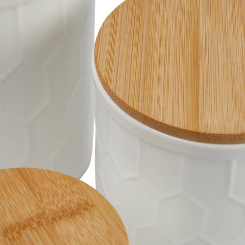 Bloomingville Farmhouse Stoneware Canisters with Honeycomb Design and Bamboo Lids, White and Natural, Set of 3 Sizes