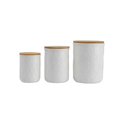 Bloomingville Farmhouse Stoneware Canisters with Honeycomb Design and Bamboo Lids, White and Natural, Set of 3 Sizes