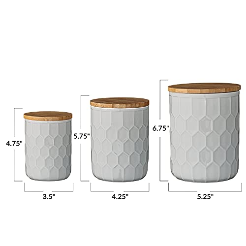 Bloomingville Farmhouse Stoneware Canisters with Honeycomb Design and Bamboo Lids, White and Natural, Set of 3 Sizes