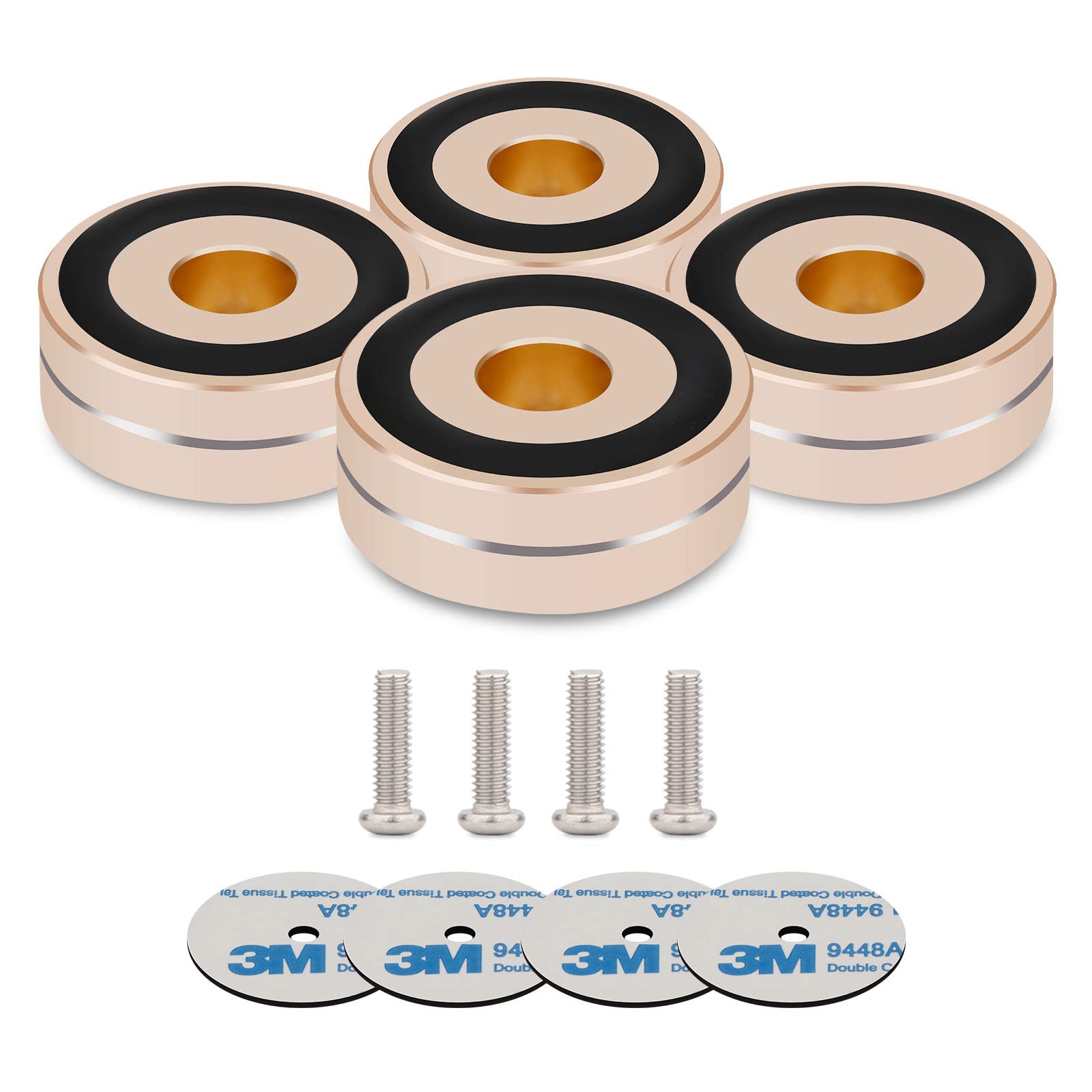 Monosaudio Speaker Isolation Feet 4 Pcs 40x15mm Aluminum Feet Subwoofer Isolation Feet with Non-Slip Rubber Rings/Adhesive/M4 Screws for Audio,Speakers,Subwoofers,Amplifier,DAC,Turntable(Gold)