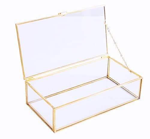 Golden Glass Jewelry Keepsake Box Home Decor Display Vintage Glass Jewelry Organizer, Decorative Accent, Brass & Clear Glass, 8x4.5x2.36 in