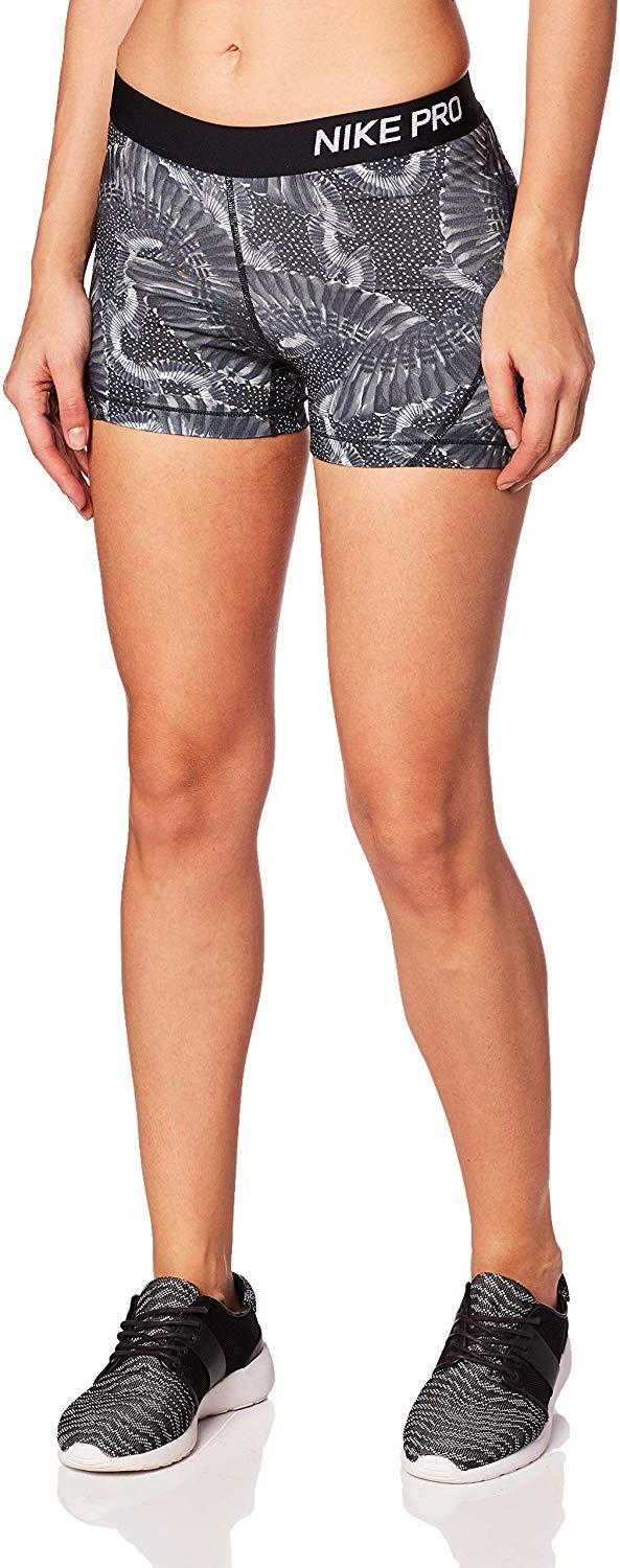 Nike Women's Pro 3" Print Chain Feather Short (Wolf Grey/Black, Large)