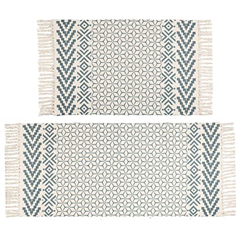 Pauwer Cotton Area Rug Set 2 Piece Washable Printed Cotton Rugs with Tassel Hand Woven Fringe Cotton Rug Runner for Kitchen, Living Room, Bedroom, Laundry Room, Entryway