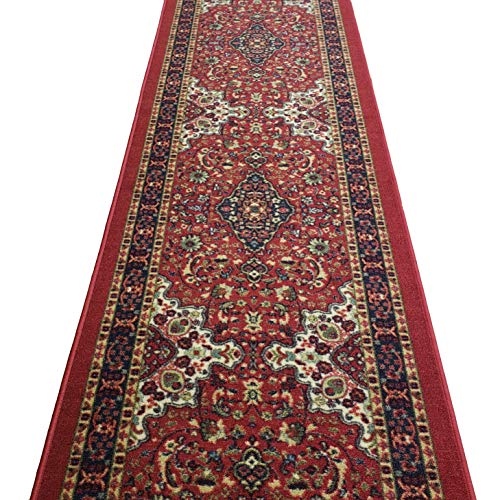 Rubber Backed Hallway Runner Rug, 31 x 120 inch, Persian Medallion Carmine Red, Non Slip, Kitchen Rugs and Mats