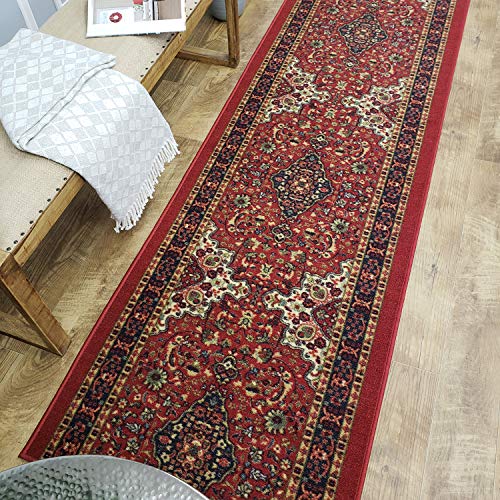 Rubber Backed Hallway Runner Rug, 31 x 120 inch, Persian Medallion Carmine Red, Non Slip, Kitchen Rugs and Mats