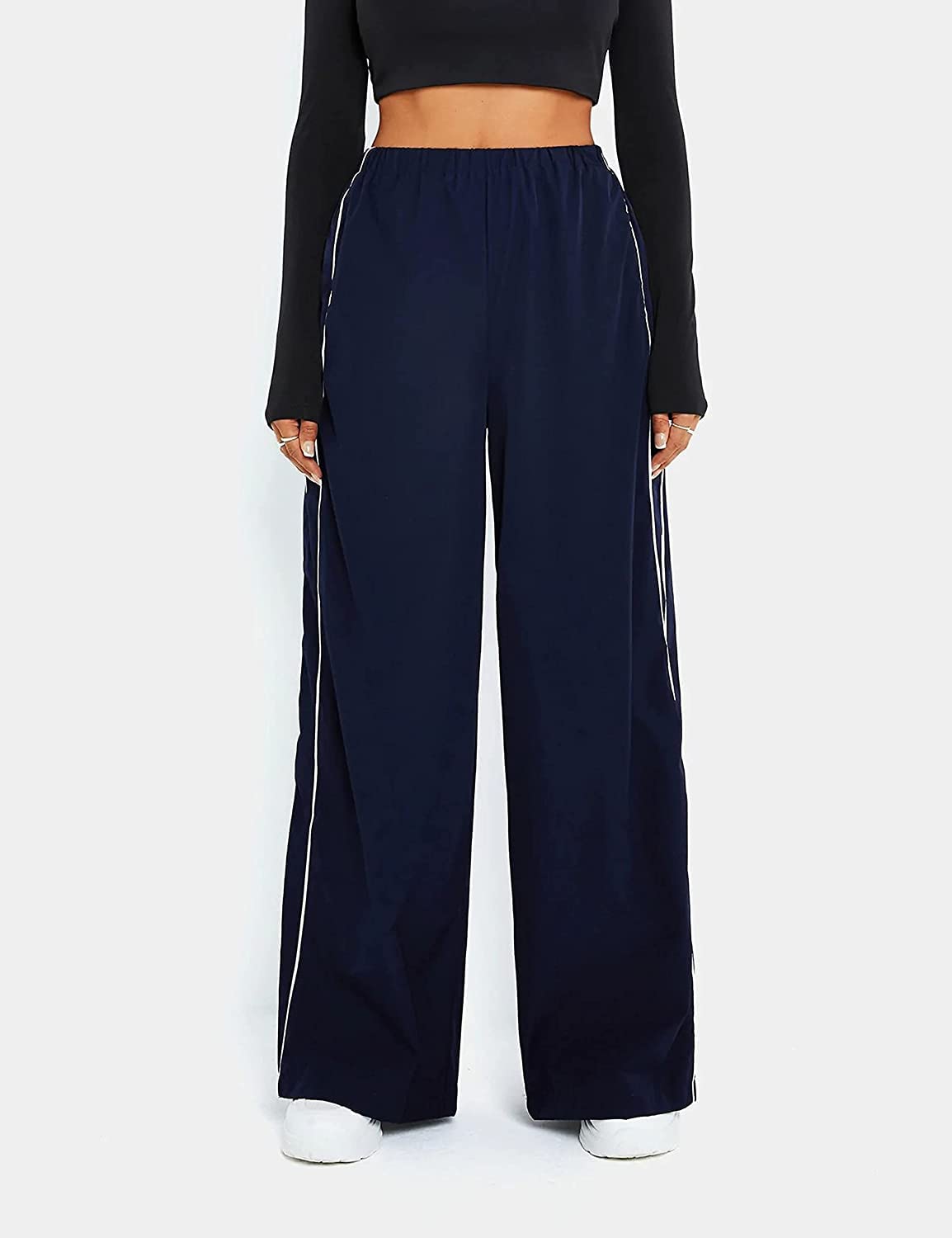 Women's Parachute Pants Cargo Trousers Elastic Waist Wide Leg Track Pants Y2k Clothing (S,Navy Blue)