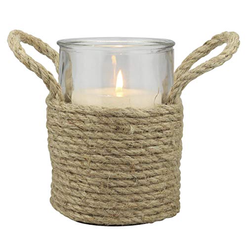 Stonebriar Nautical Rope Wrapped Pillar Candle Holder with Rope Handles, Coastal Home Decor, Decorative Piece for Living Room, Dining Room, Bathroom, and Bedroom, Tall
