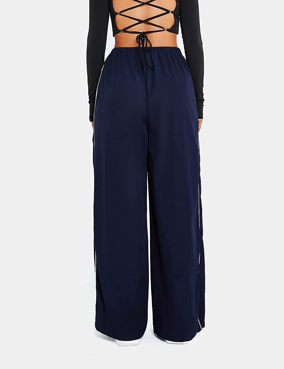 Women's Parachute Pants Cargo Trousers Elastic Waist Wide Leg Track Pants Y2k Clothing (S,Navy Blue)
