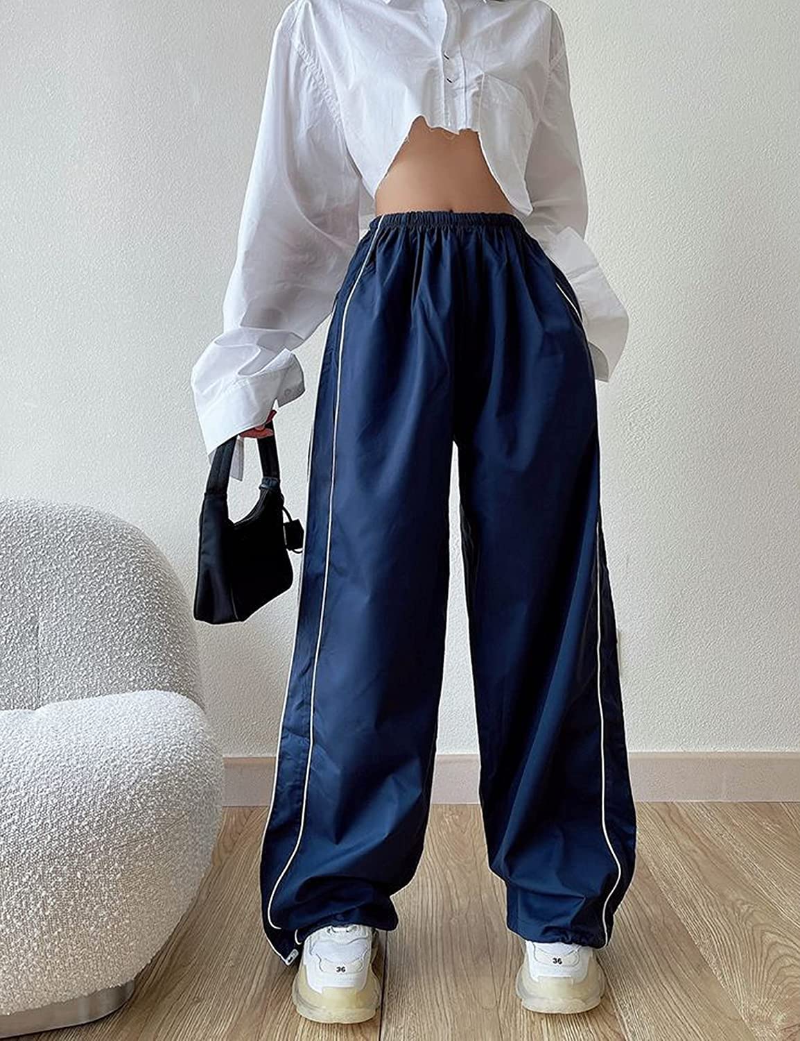 Women's Parachute Pants Cargo Trousers Elastic Waist Wide Leg Track Pants Y2k Clothing (S,Navy Blue)