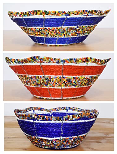 Set of 3 African Beaded Wire Bowls (2 x Large blue/red, 8 Inches + 1 Small blue, 6 inches) - Maasai Jewelry Bowl - Handmade in Kenya, KSBOWL012