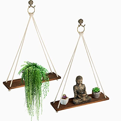 BÖNSTOFF [Set of 2 Rope Shelves for Wall Hanging Shelf - Room Decor - House Decor - Rope Shelf | 2 Vintage Decor Hooks 2 Big Brass Rings Rope Hanging Shelves for Wall (Torched Rustic Brown)