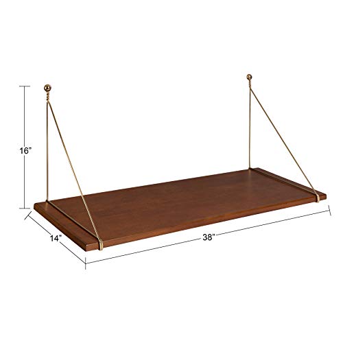 Kate and Laurel Vista Mid-Century Modern, Space-Saving, Wall Mounted Desk Shelf - Rich Walnut Brown Finished Wood Top Supported with Decorative Gold Wire