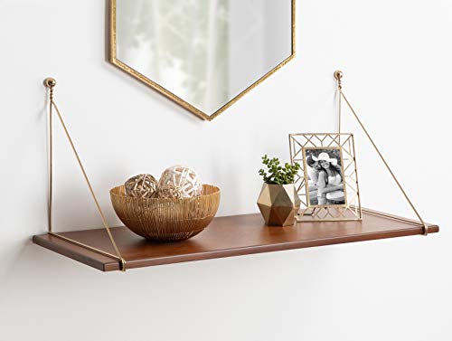 Kate and Laurel Vista Mid-Century Modern, Space-Saving, Wall Mounted Desk Shelf - Rich Walnut Brown Finished Wood Top Supported with Decorative Gold Wire