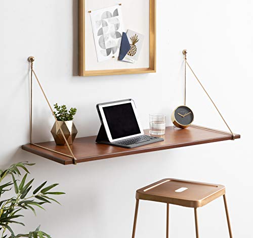 Kate and Laurel Vista Mid-Century Modern, Space-Saving, Wall Mounted Desk Shelf - Rich Walnut Brown Finished Wood Top Supported with Decorative Gold Wire