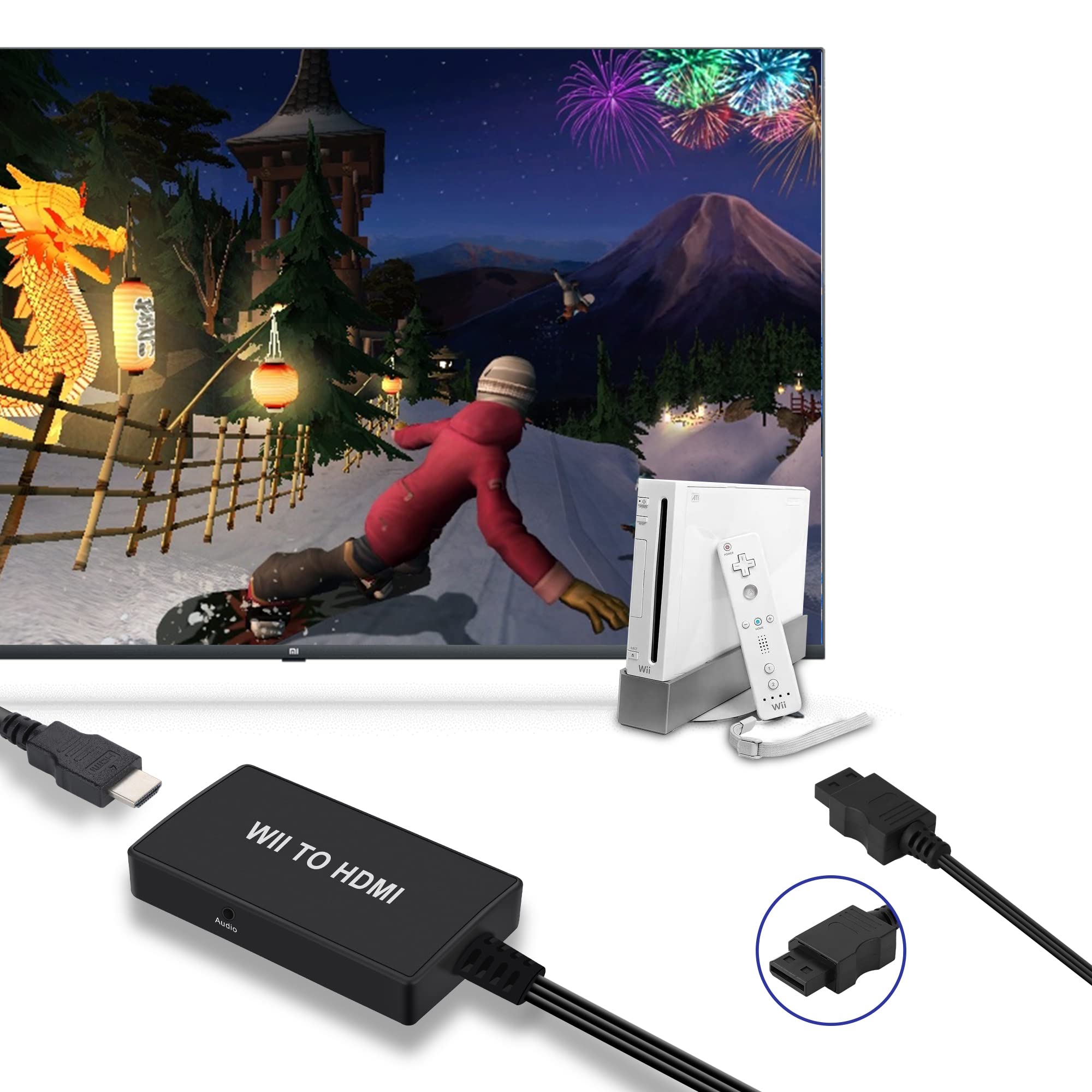 Wii to HDMI Converter, Wii Signal to HDMI Support 720P 1080P 3.5MM Audio Video Output Adapter with 1M HDMI Cable for Nintendo Wii