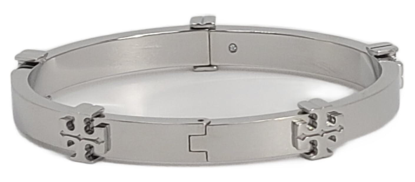 Tory Burch 145434 Tory Silver Tone Classic Logo Women's Hinge Bangle Bracelet Size Small