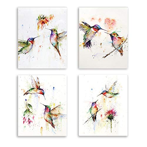 KAIRNE Abstract Birds Art print Watercolor Hummingbirds and Flower Branch Canvas Painting,Set of 4(8"x10") unframed,Nature Wall Art Poster For Living Room Bedroom Office Decoration