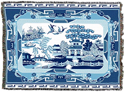 Pure Country Weavers Blue Willow Blanket - Asian Gift Tapestry Throw Woven from Cotton - Made in The USA (72x54)