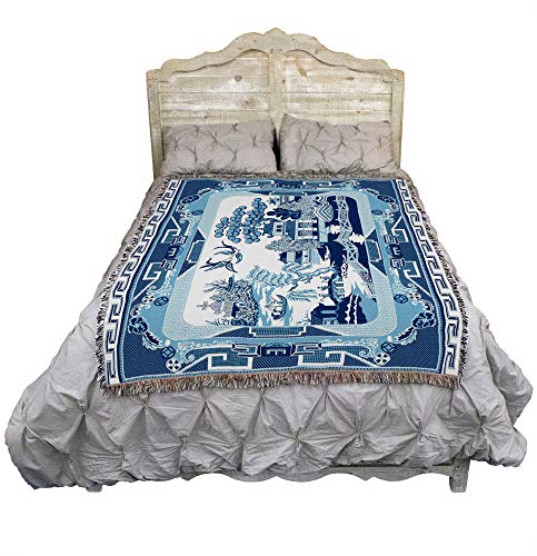 Pure Country Weavers Blue Willow Blanket - Asian Gift Tapestry Throw Woven from Cotton - Made in The USA (72x54)