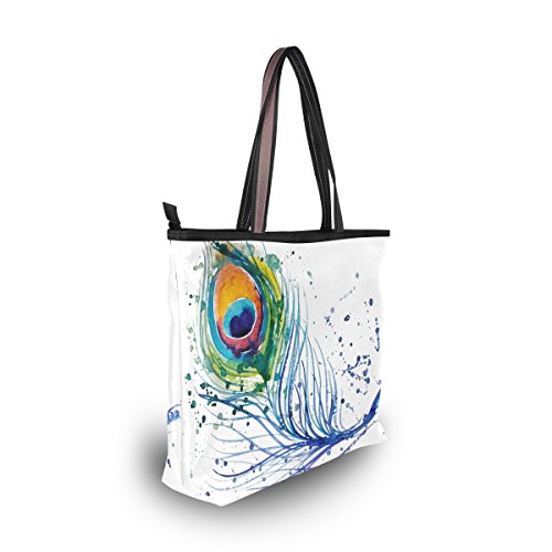 JSTEL Women Large Tote Top Handle Shoulder Bags Watercolor Peacock Feather Patern Ladies Handbag