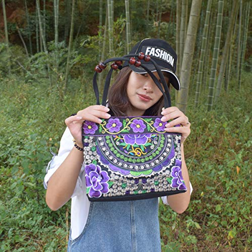 Canvas Floral Hobo Tote Bags for Women Stylish Casual Shoulder Handbag Ethnic Embroidery Purse