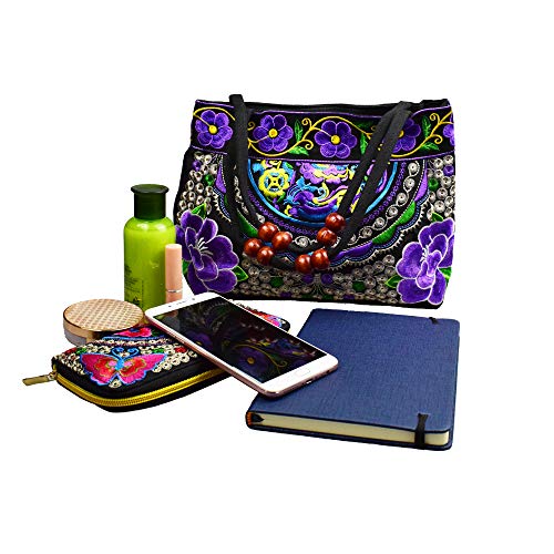 Canvas Floral Hobo Tote Bags for Women Stylish Casual Shoulder Handbag Ethnic Embroidery Purse