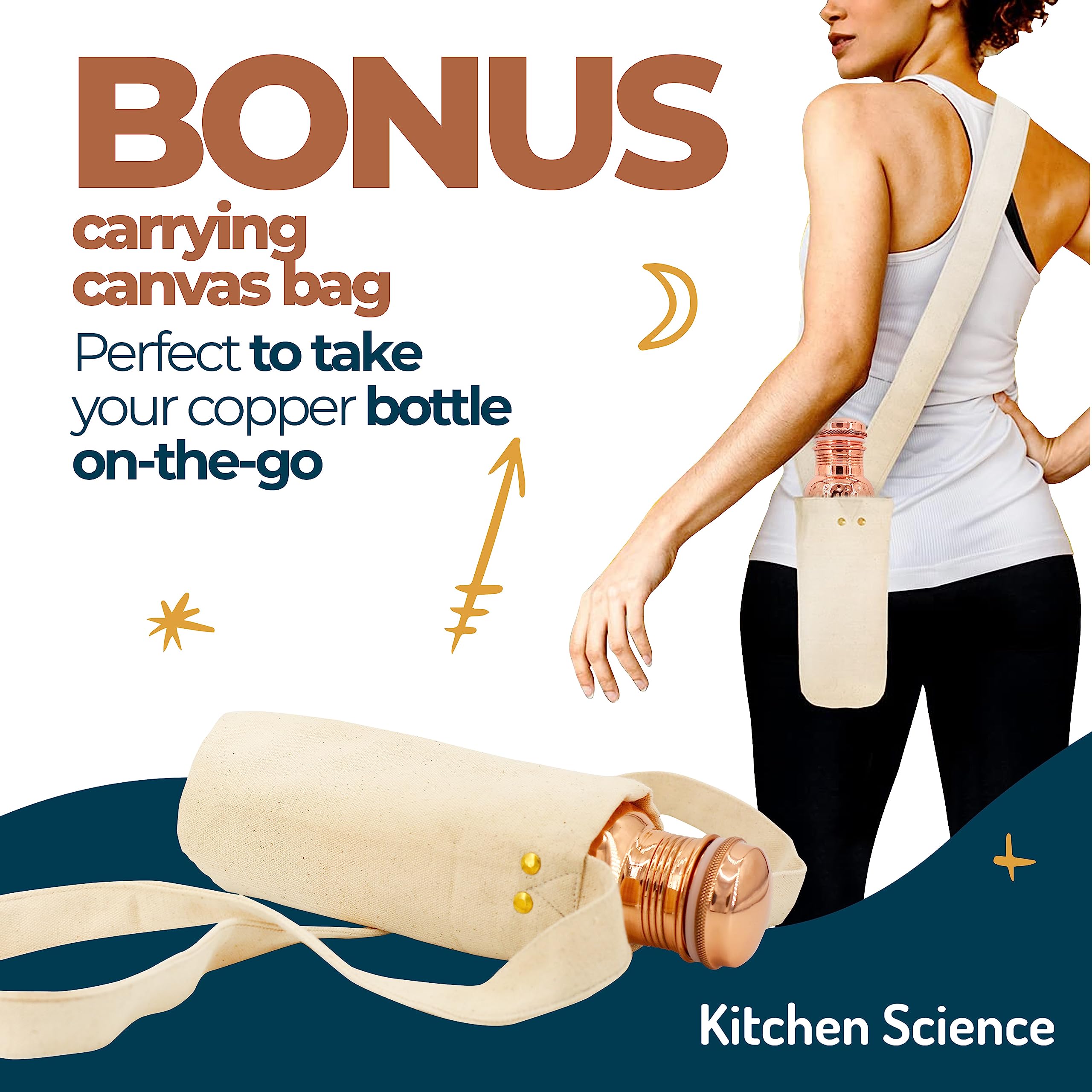 Kitchen Science Copper Water Bottle (32oz/950ml) w/a Carrying Canvas Bag | 100% Pure Copper Bottle for Drinking Water | Lab-Tested, Heavy Duty & Leak-Proof | Authentic Ayurvedic Copper Water Bottle