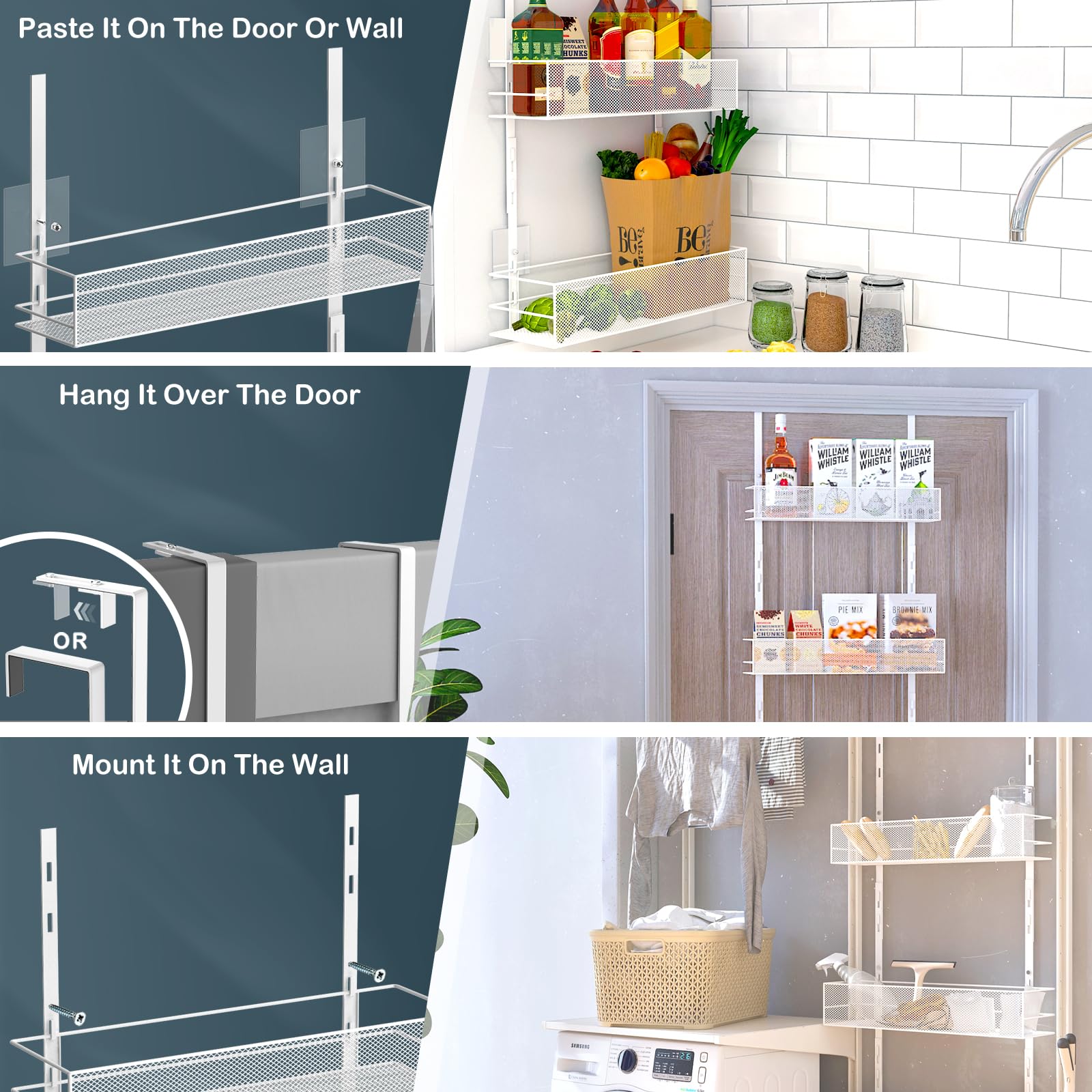 Over the Door Pantry Organizer - 6-Tier Mesh Basket Hanging & Wall Mounted Pantry Door Organizer, Over the Door Spice Rack with Adjustable Hooks for Kitchen, Bathroom, Bedroom, Storage Room (White)