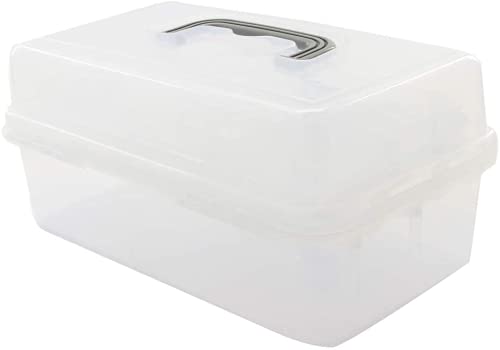 Auniwaig Portable Handled Storage Organizer Box 33cm Plastic Sewing Box Multipurpose Art Tool Container Case Transparent Box with Removable Tray for Art Craft and Cosmetic (33x20x15cm) 1pcs