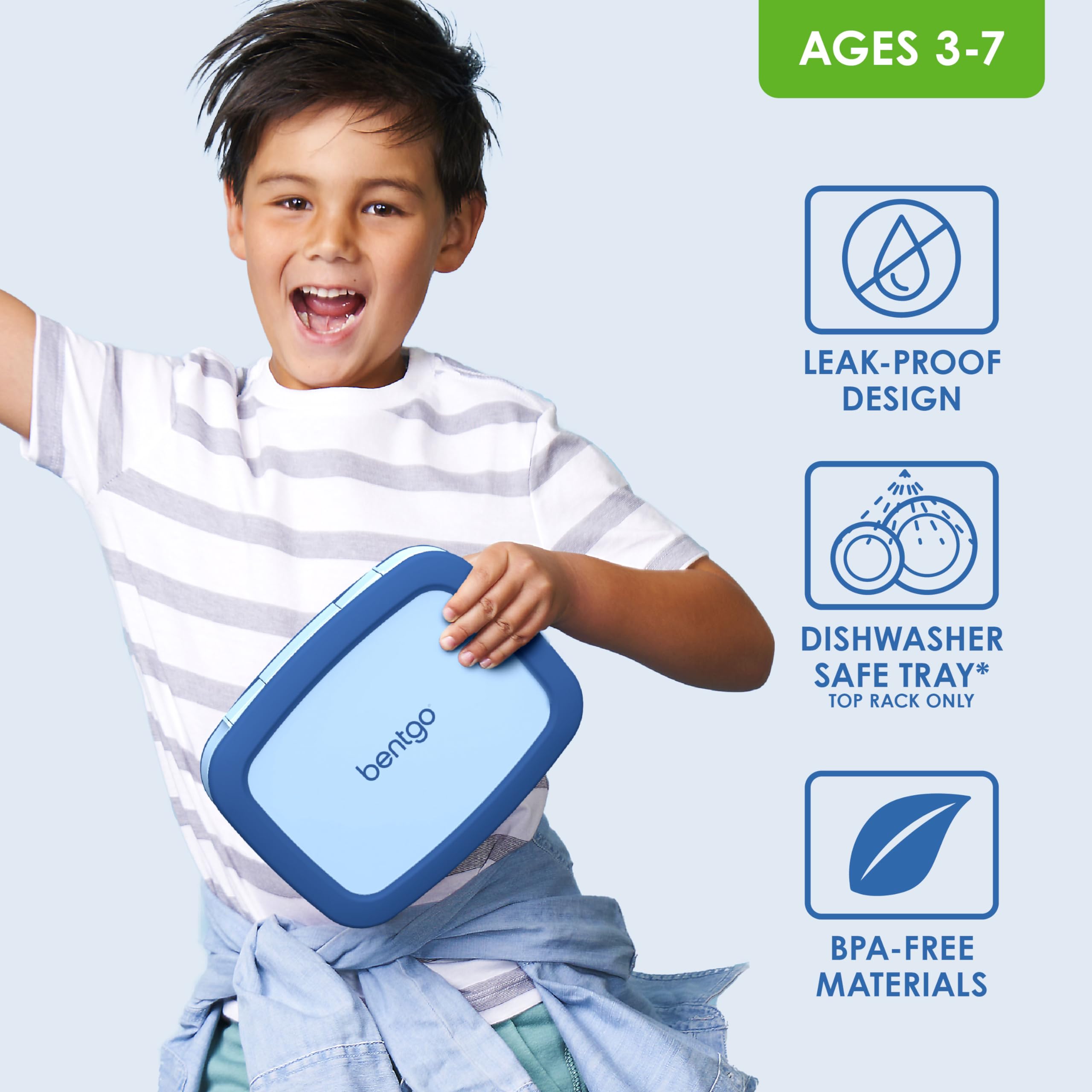 Bentgo® Kids Leak-Proof, 5-Compartment Bento-Style Kids Lunch Box - Ideal Portion Sizes for Ages 3 to 7, BPA-Free, Dishwasher Safe, Food-Safe Materials, 2-Year Warranty (Blue)