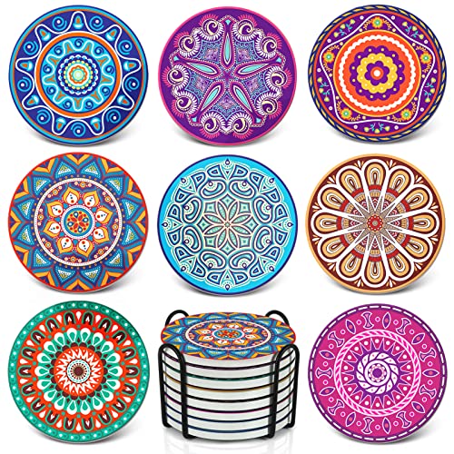 Teivio Absorbing Stone Mandala Ceramic Coasters for Drinks Cork Base with Holder, for Friends Funny Birthday Housewarming Apartment Kitchen Bar Decor, Suitable for Wooden Table, Coffee Table, Set of 8