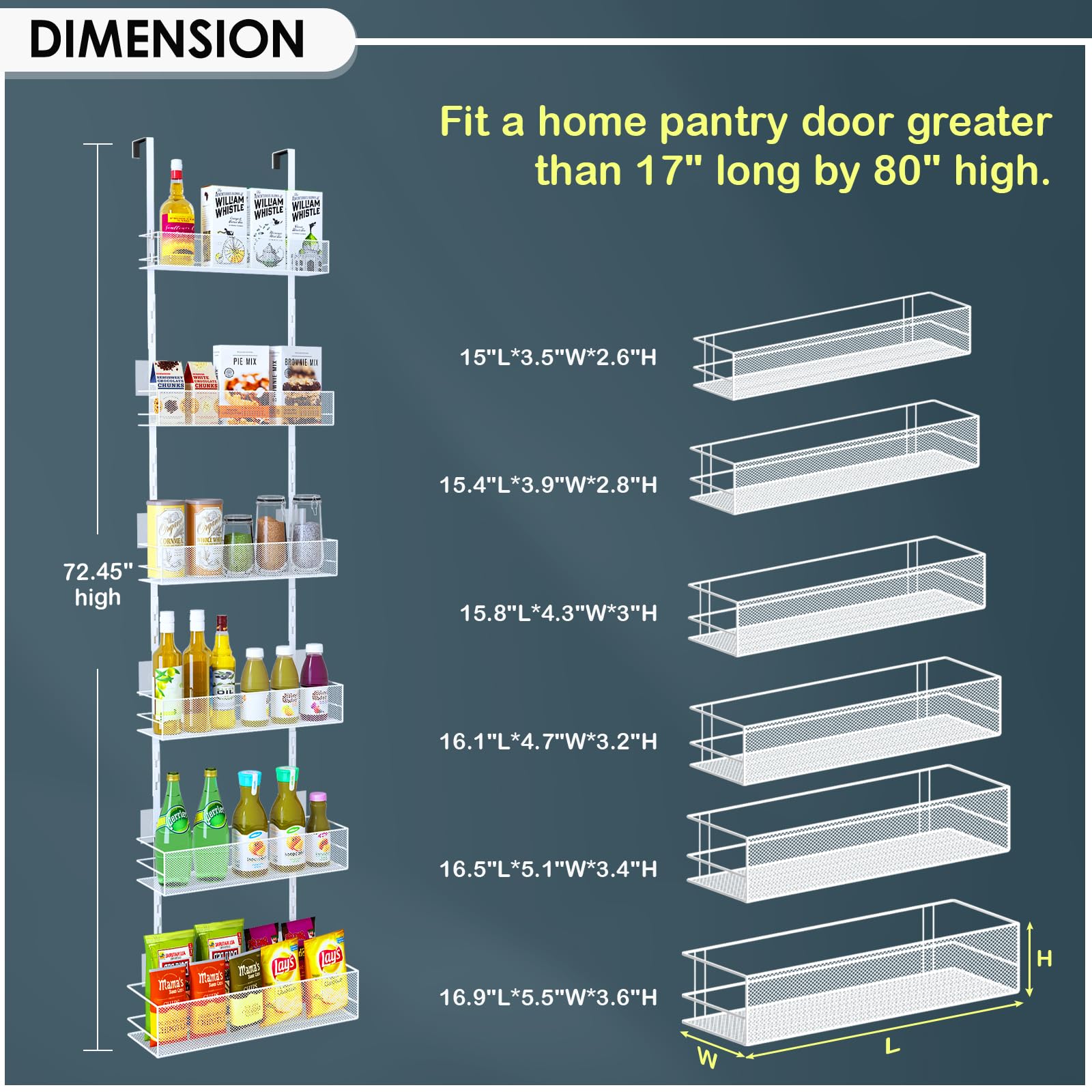 Over the Door Pantry Organizer - 6-Tier Mesh Basket Hanging & Wall Mounted Pantry Door Organizer, Over the Door Spice Rack with Adjustable Hooks for Kitchen, Bathroom, Bedroom, Storage Room (White)