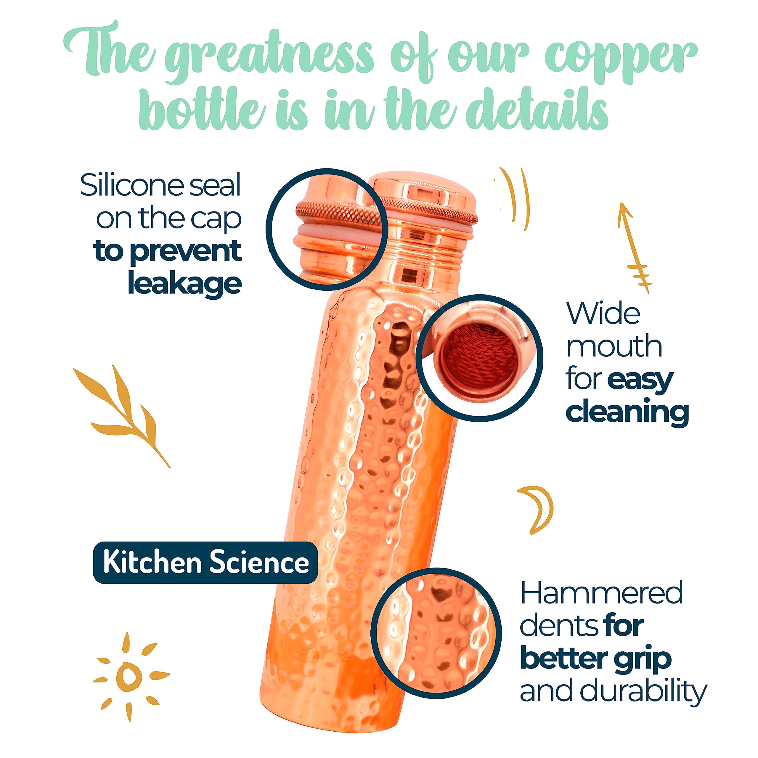 Kitchen Science Copper Water Bottle (32oz/950ml) w/a Carrying Canvas Bag | 100% Pure Copper Bottle for Drinking Water | Lab-Tested, Heavy Duty & Leak-Proof | Authentic Ayurvedic Copper Water Bottle