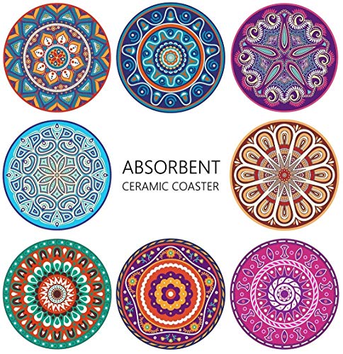 Teivio Absorbing Stone Mandala Ceramic Coasters for Drinks Cork Base with Holder, for Friends Funny Birthday Housewarming Apartment Kitchen Bar Decor, Suitable for Wooden Table, Coffee Table, Set of 8