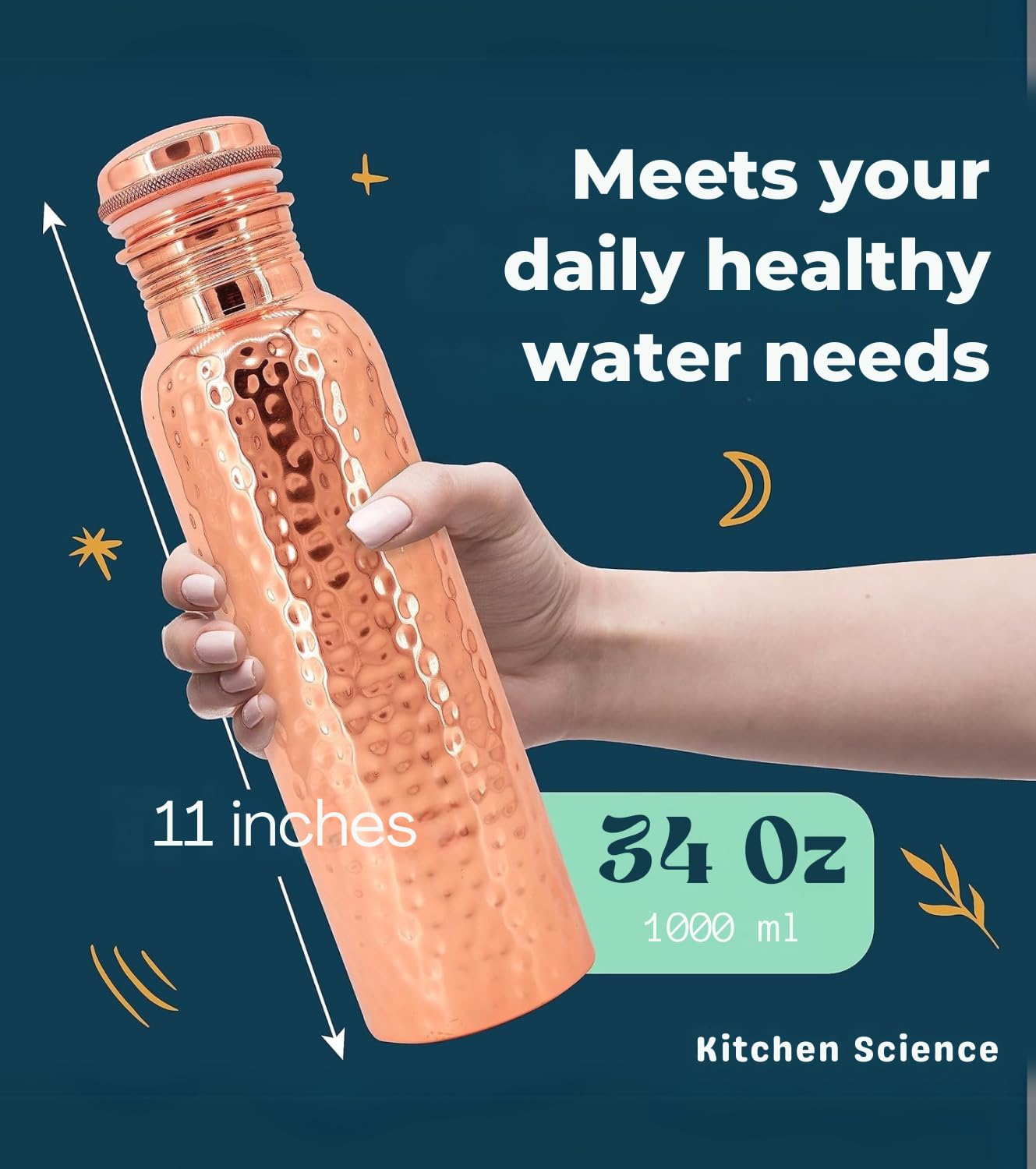 Kitchen Science Copper Water Bottle (32oz/950ml) w/a Carrying Canvas Bag | 100% Pure Copper Bottle for Drinking Water | Lab-Tested, Heavy Duty & Leak-Proof | Authentic Ayurvedic Copper Water Bottle