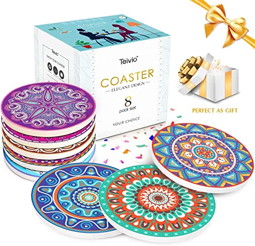 Teivio Absorbing Stone Mandala Ceramic Coasters for Drinks Cork Base with Holder, for Friends Funny Birthday Housewarming Apartment Kitchen Bar Decor, Suitable for Wooden Table, Coffee Table, Set of 8