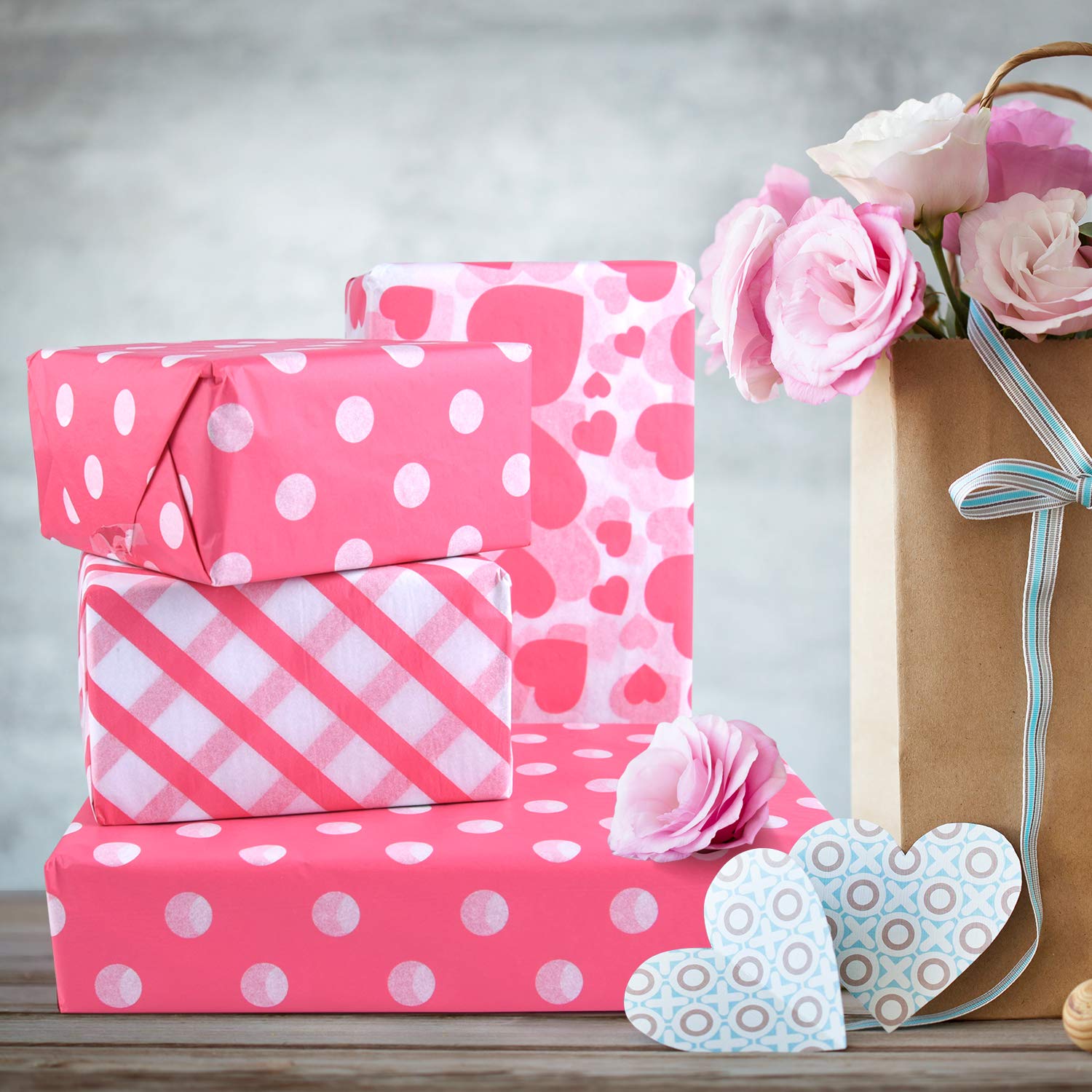 MIAHART 90 Sheets Valentine Day Gift Wrapping Tissue Paper Birthday, Tissue Paper for Home, Kitchen, DIY Crafts, Wrapping Accessory(Heart, Dot, Stripe） (Pink)